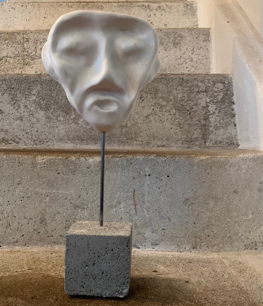 Sculpture pottery mask on Plinth-Angle Face – Margaret Petchell Artist